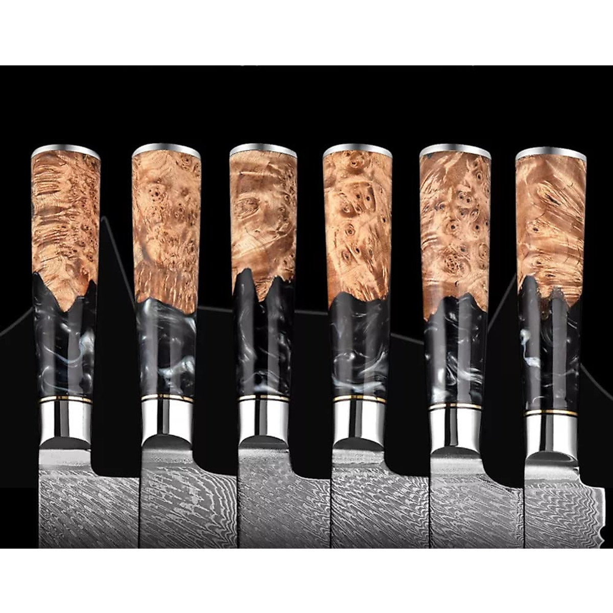 The Epicurean Cook Tidal Collection kitchen knife set with Burl Wood Resin Handles (Black Resin Handle). This 8-pc damascus chef knife set, are ideal kitchen knives set for the kitchen.