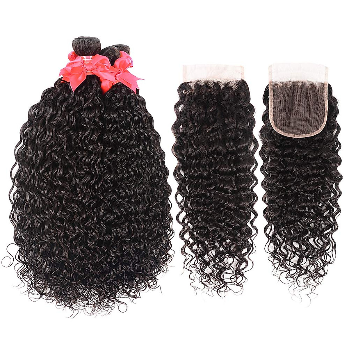 10A Water Wave Bundles with Closure (16 18 20 +14) Wet and Wavy Brazilian Virgin Human Hair 3 Bundles with 4x4 Lace Closure with Baby Hair Free Part 1B# Curly Wave Human Hair Extensions