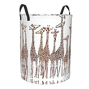 Cute Wild Cartoon Giraffes Printed Round Laundry Hamper,Collapsible Clothes Hamper Storage With Handle,Canvas Fabric Waterproof Storage Bin