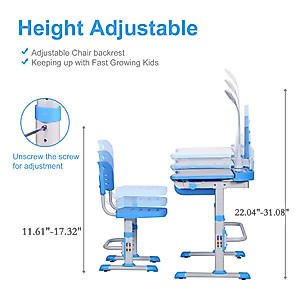 SMAGREHO Kids Desk and Chair Set, Height Adjustable Child's School Study Writing Tables with Tilt Desktop, LED Light, Storage Drawer, Book Stand (Pink)