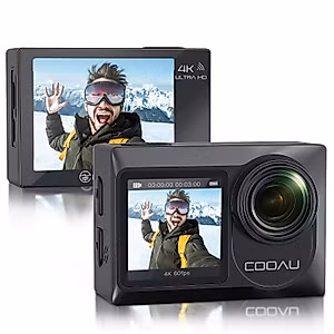 COOAU Sports Action Camera Dual Screen Ultra HD 4K 60FPS 20MP WiFi EIS Touchscreen External Microphone Remote Control Underwater 131 Feet Waterproof Helmet Vlogging Camera with 2x1350mAh Batteries.