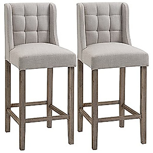 HOMCOM Modern Bar Stools, Tufted Upholstered Barstools, Pub Chairs with Back, Rubber Wood Legs for Kitchen, Dinning Room, Set of 2, Beige