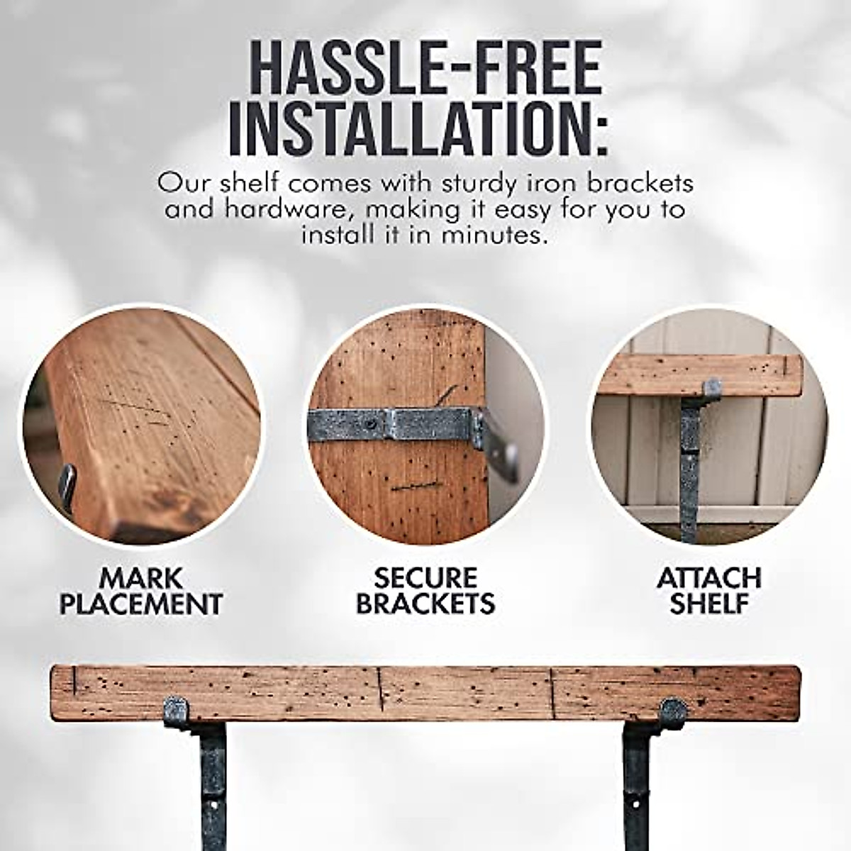 Peaceful Classics Wood Rustic Floating Shelf - Wall Mounted Shelf with Iron Brackets, Shelves for Wall Decor, Renter Friendly Shelves on Bathroom, Bedroom, Kitchen, Living Room, 5-ft