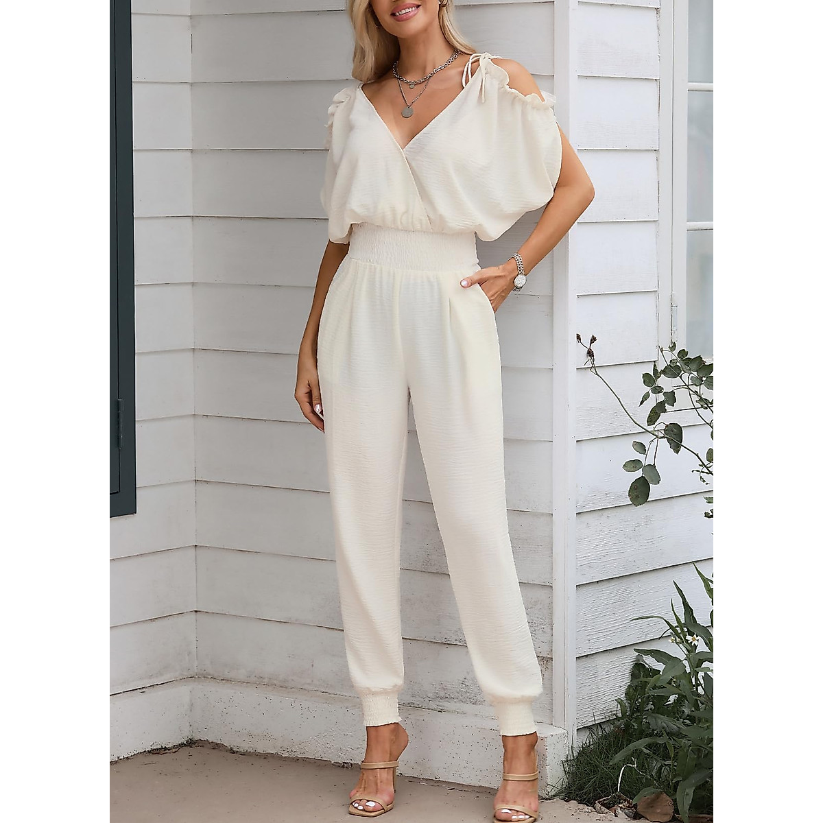 Dokotoo Jumpsuits for Lady Dressy One Piece Lighweight Long Pants Resort Wear Rompers High Waist Cold Shoulder Outfits for Summer,Beige Medium