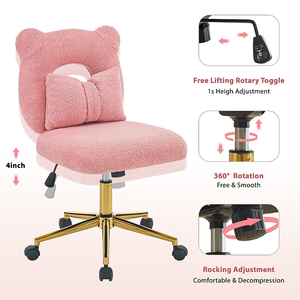 Furniliving Cute Vanity Desk Chair, Armless Home Office Desk Chair Height Adjustable with Wheels Upholstered Pillow for Makeup Room for Girls, Sherpa Pink