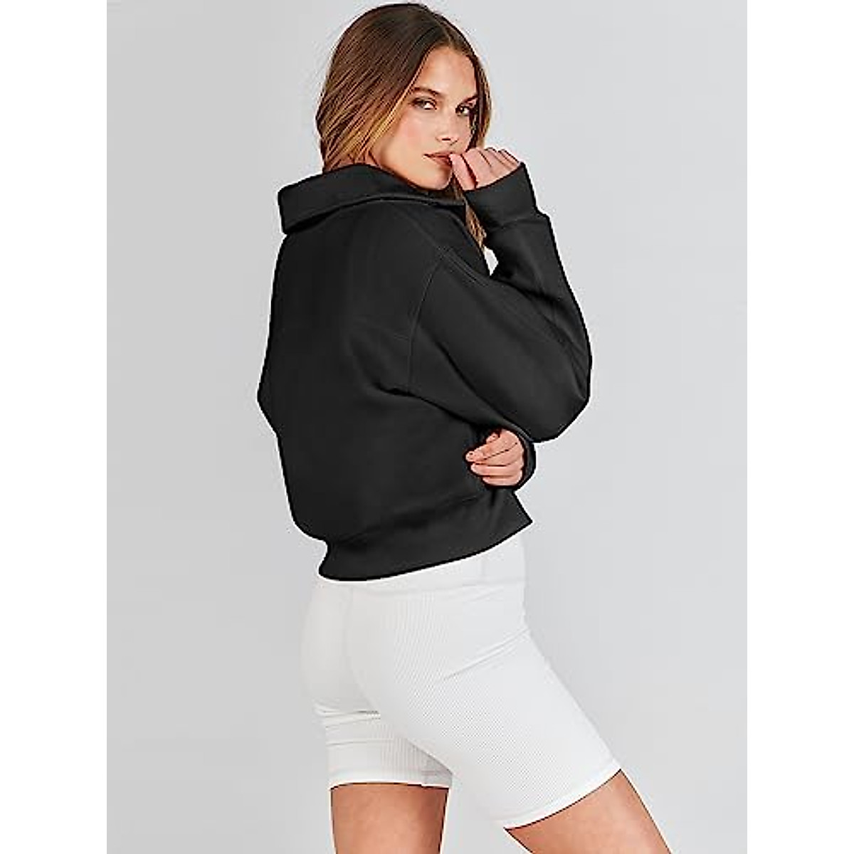 Prinbara Hoodie for Women Pullover Long Sleeve Sweatshirt Button down V Neck Teen Girls Fall Trendy Y2k Clothes Oversized Sweater 2023 1PA139-heise-M Black