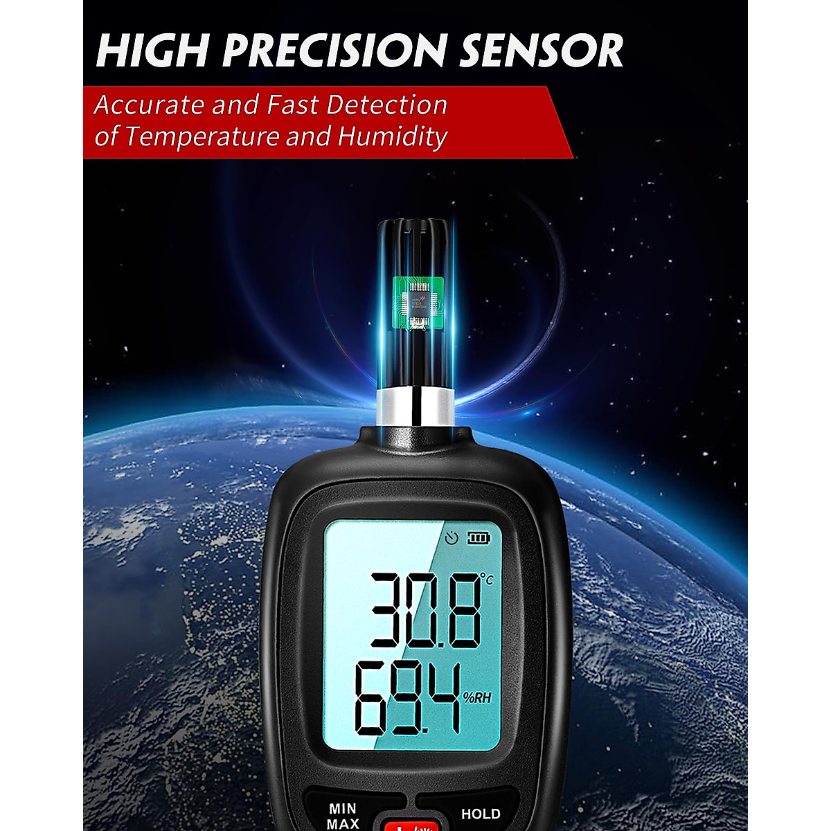 APOMONO WT83 Temperature Humidity Meter, High Precision Thermometer Hygrometer with Ambient Dew Point Wet Bulb Temperature Indoor Outdoor, Max/Min Data Hold, 1000 Sets Data Log, Batteries Included