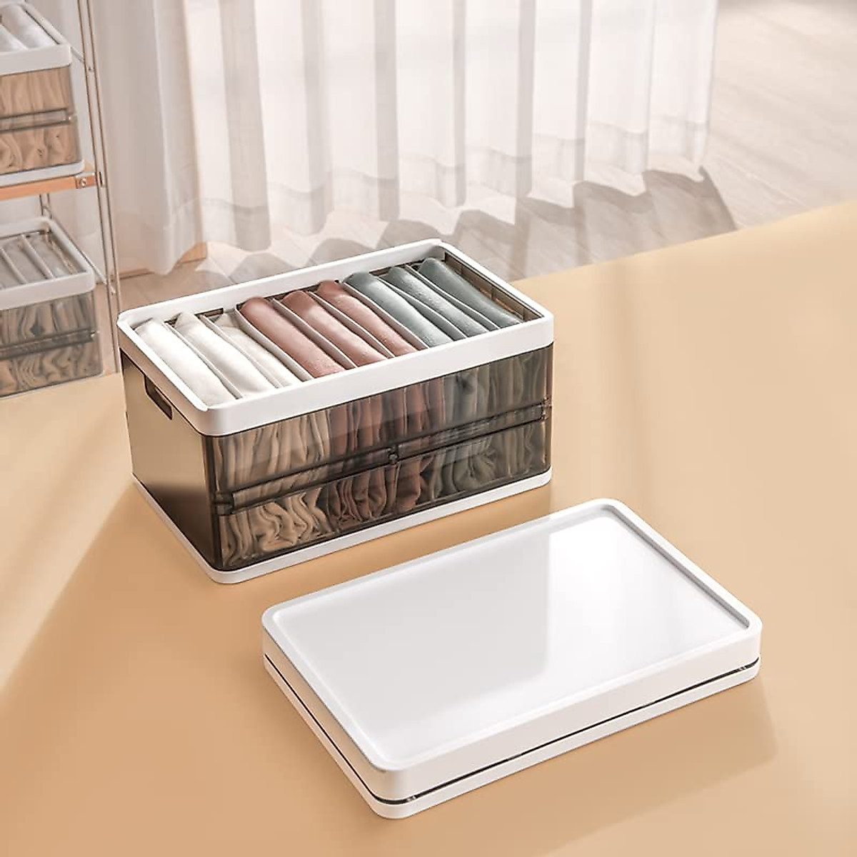 GUDEMAY Stackable Plastic Storage Bins with Lids, Foldable Closet Storage Drawer Organizers Box, Slideable Collapsible Wardrobe Closet Organizers Storage Box (1Pack-XL)