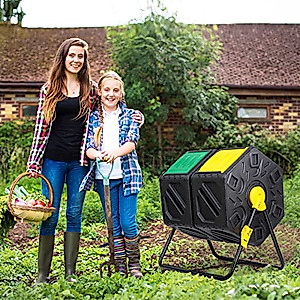 Saicool 37 Gal Dual Chamber Tumbling Composter, Outdoor Rotating Compost Bin w / 2 Sliding Doors, Easy-Turn, Fast-Working System for Garden/Patio¡­