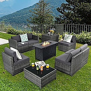 Tangkula 9 Pieces Patio Rattan Furniture Set, Patiojoy Sectional Sofa Set w/Fire Pit Table, Storage Box, Coffee Table, Outdoor Wicker Conversation Set w/ 42” Propane Fire Pit Table (Grey)