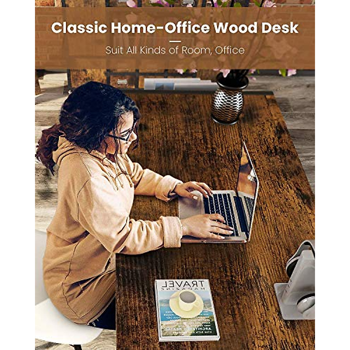 AWQM Computer Desk 39 Inch, Home Office Work Desk Laptop Desk with Side Bag, Study Writing Table Desktop Table with Iron Hook, Workstation for Small Spaces, Antique Brown