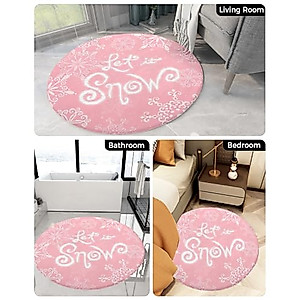 Pink Snowflake Fluffy Round Area Rug Carpets 3.3ft, Plush Shaggy Carpet Soft Circular Rugs, Non-Slip Fuzzy Accent Floor Mat for Living Room Bedroom Nursery Decor Merry Christmas Fantasy Winter Holiday