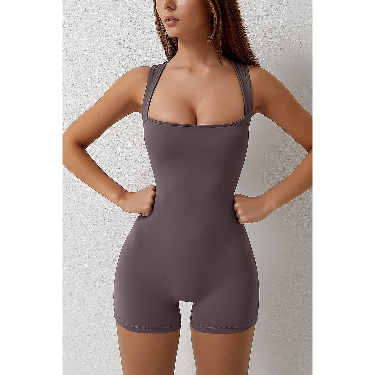 QINSEN Womens Sleeveless Square Neck Jumpsuit Elastic Waist Shorts Outfit One Piece Grey S