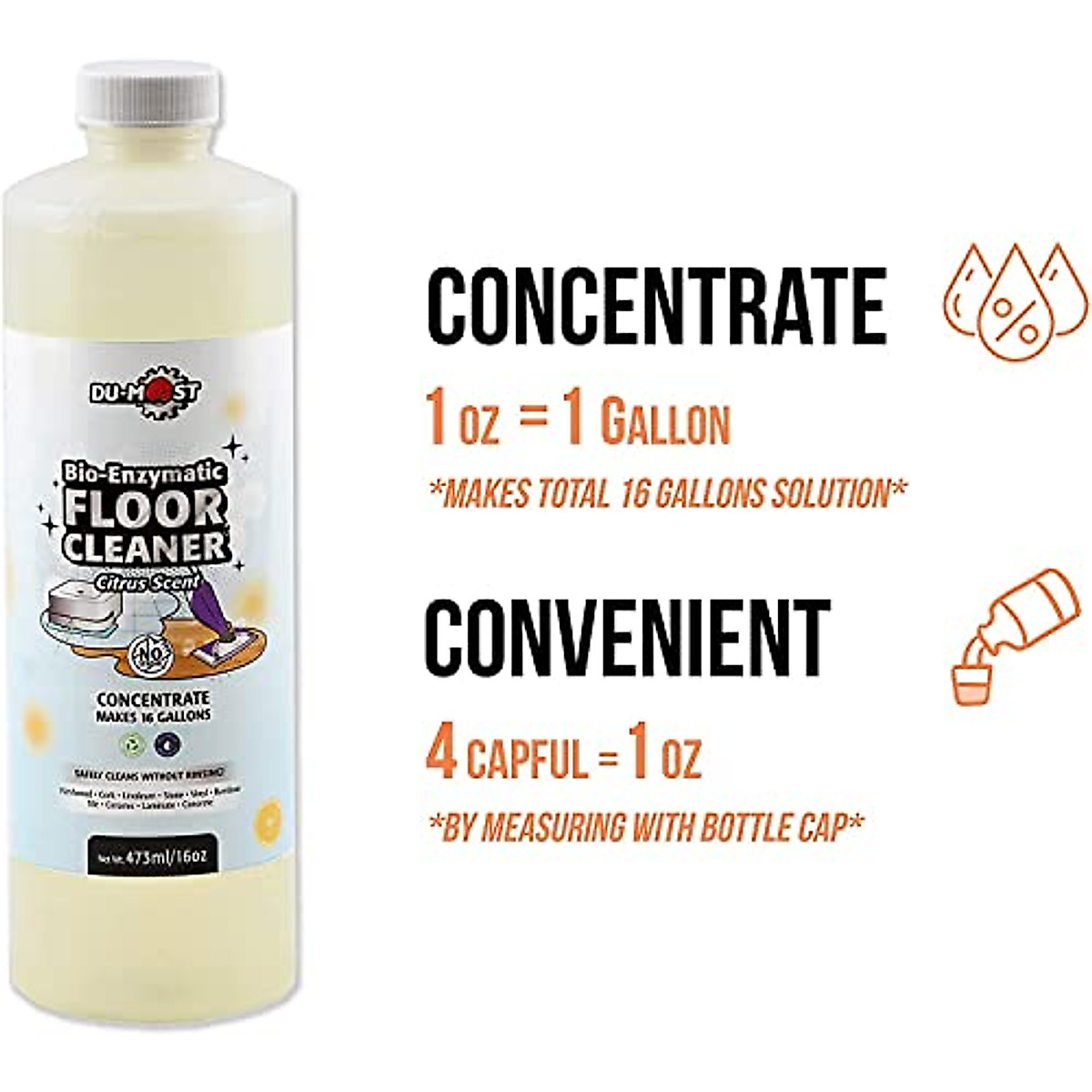 DU-MOST Enzymatic Floor Cleaner Concentrate (1 Oz Makes 1 Gal), No, Streak, No Rinsing, Kids & Pets Safe, Hard Surface Floors, Citrus Scent, 16 Fl Oz