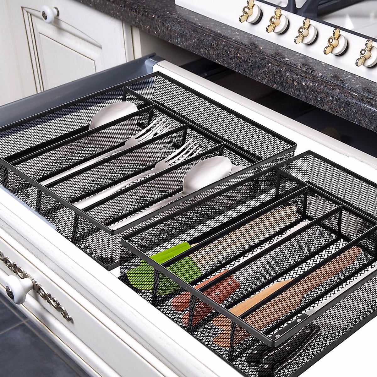 Halter Silverware Tray, Cutlery Tray, Flatware Tray Organizer, Steel Mesh Silverware Organizer, Kitchen Utensil Drawer Organizer with Non Slip Base, Cutlery Organizer in Drawer, Set of 2 (Small)