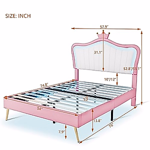 Upholstered Princess Bed Platform Bed, Full Size Fun Cute Bed Frame with Adjustable Crown Shaped Headboard and LED Lights, Kids Bedroom Furniture Princess Bed Upholstered Bed (White + Pink)