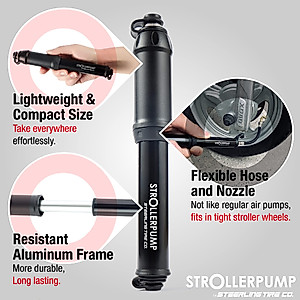 StrollerPump by Steerling Tire Co.- Portable Stroller Tire Pump Compatible with Graco, Baby Trend, BOB Stroller & More *UNCAP Stroller Pump to FIND The Bendable Hose* Valve Adaptors & Mount Included