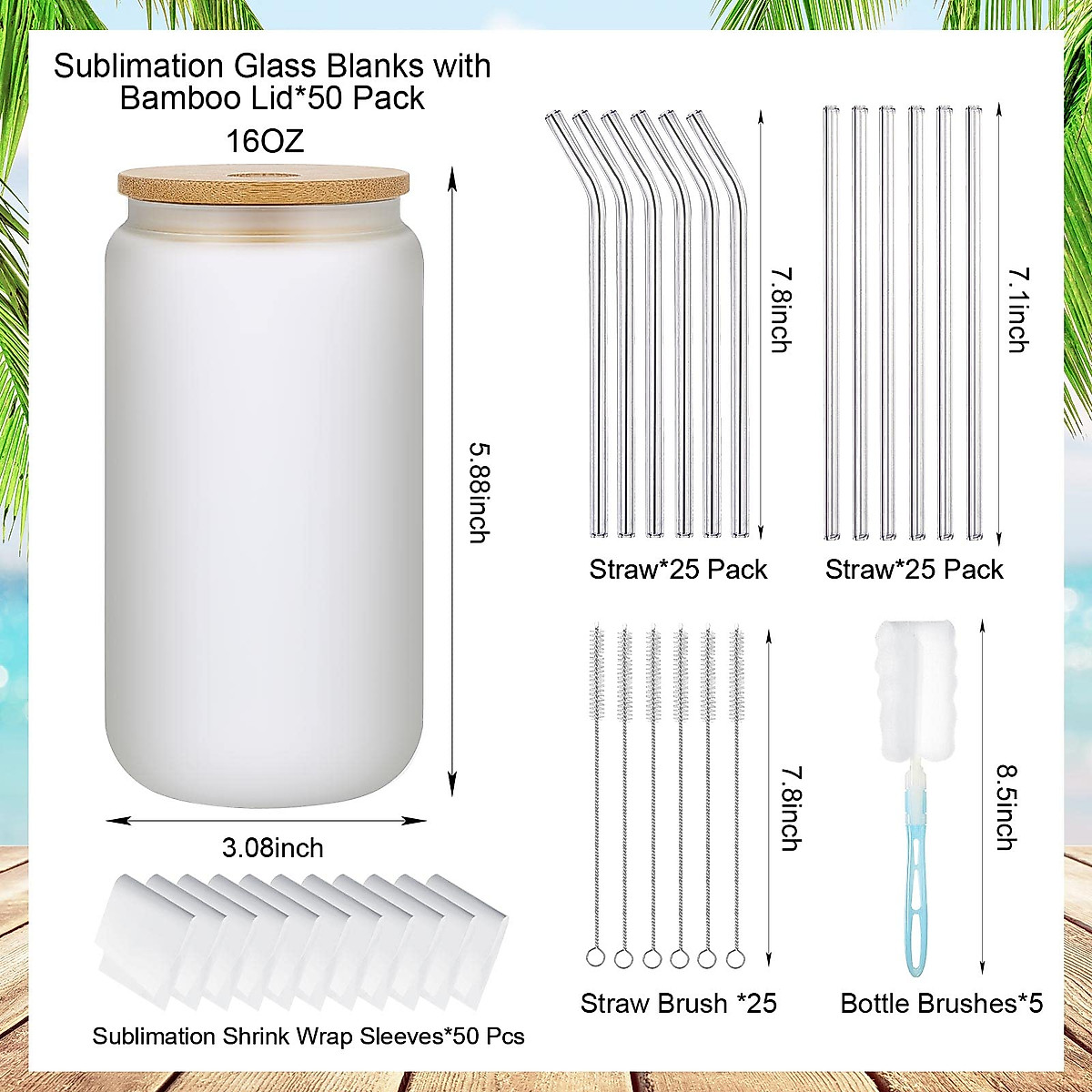 Tessco 50 Pack 16oz Sublimation Glass Blanks Frosted with Bamboo Lid Sublimation Beer Can Shaped Glass Wide Glass Cups Mugs Drinking Frosted Glass Tumbler with Straw, Sponge Brush, Straw Brush