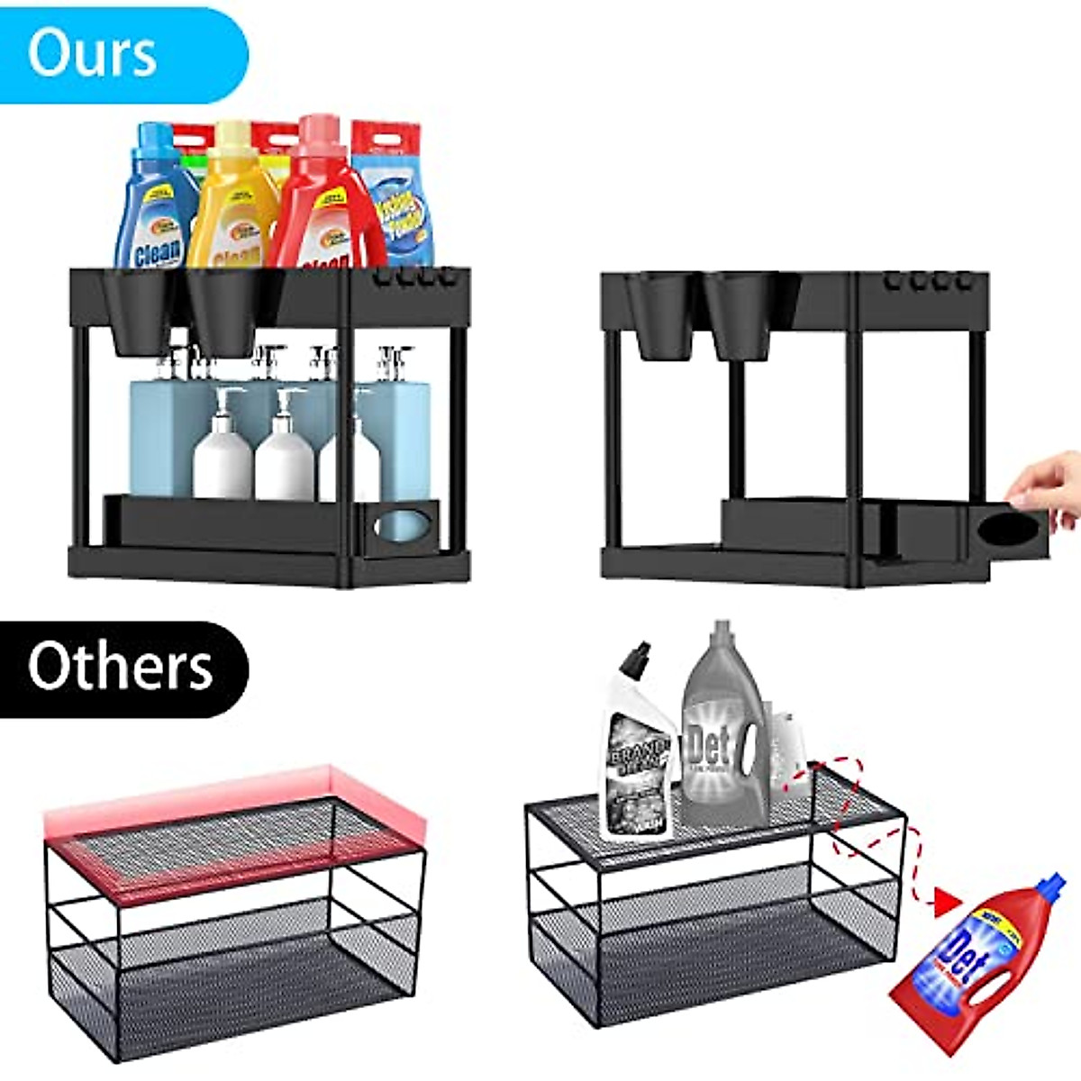 Sliding Under Sink Organizers and Storage, Mutsrd 2 Tier Pull Out Cabinet Organizer Basket, Under Sink Drawer Organizer with Hooks, Hanging Cups for Kitchen Bathroom