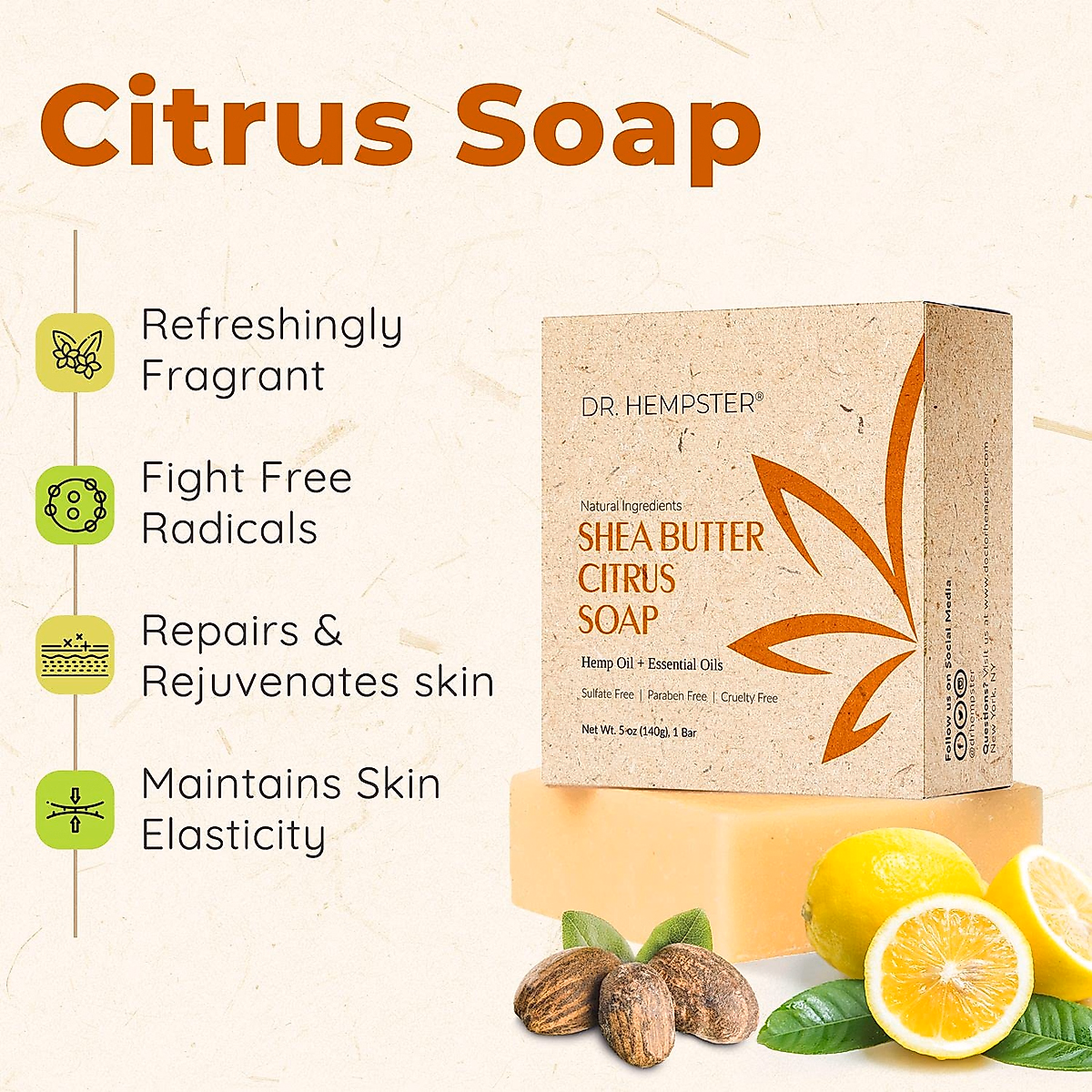 DR. HEMPSTER Hemp Soap Bar Variety 3 Pack - Activated Charcoal and Aloe Soap, Hemp and Mint Soap, Shea Butter and Citrus Soap - 5 oz Bars