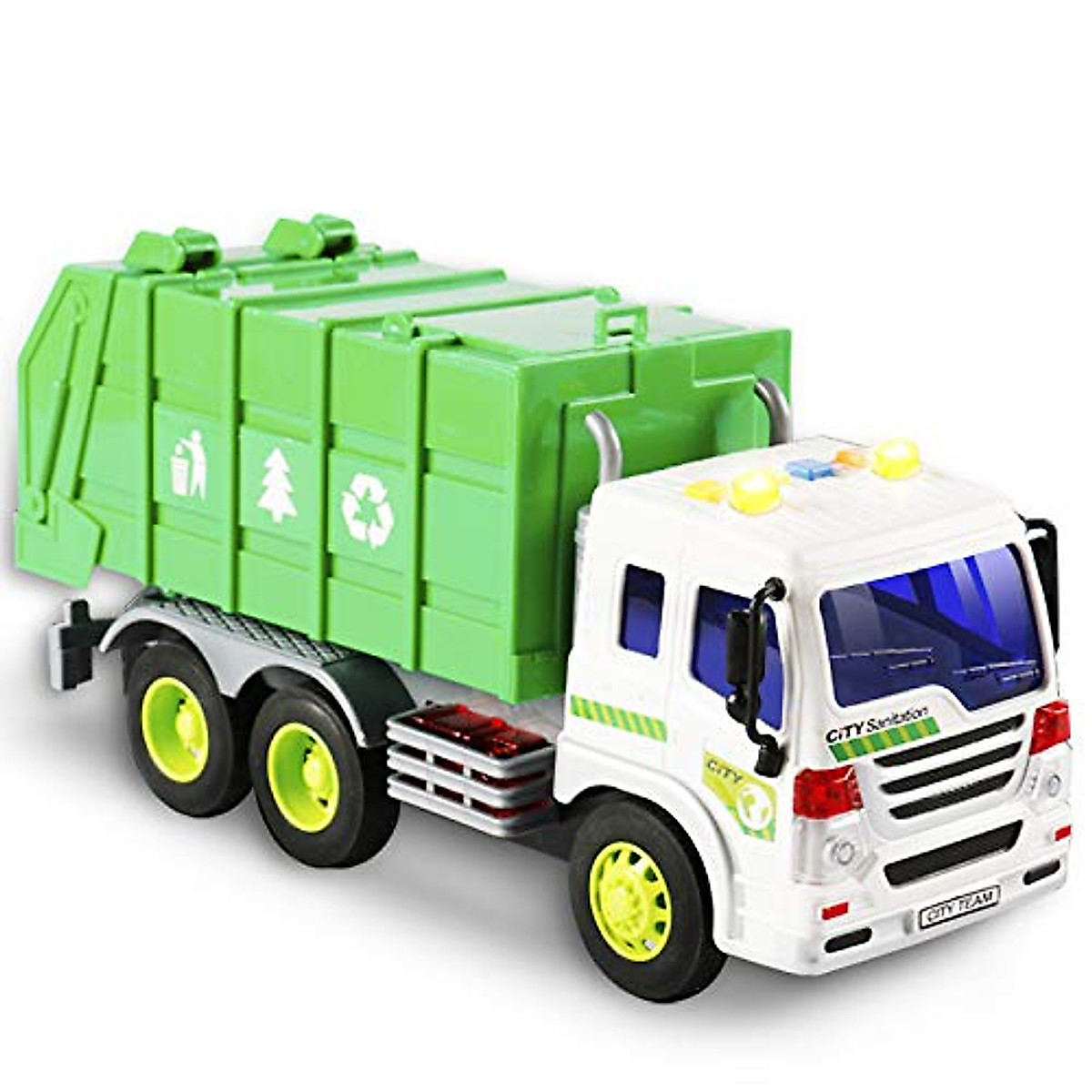 FEROXO Friction Powered Garbage Truck Toys 1:16 Toy Vehicle with Lights and Sounds for Kids