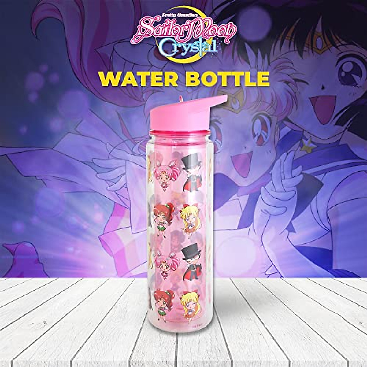 JUST FUNKY Sailor Moon Crystal Chibi Water Bottle –16oz Plastic Travel Container for Joining The Sailor Guardians Against Dark Forces Officially Licensed