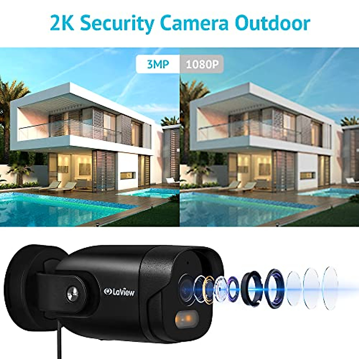 LaView 2K Security Camera Outdoor with Color Night Vision,3MP Wired Cameras for Home Security,IP65 Waterproof Camera, 24/7 Live Video,2 Way Audio,Cloud Storage/SD Slot,Compatible with Alexa