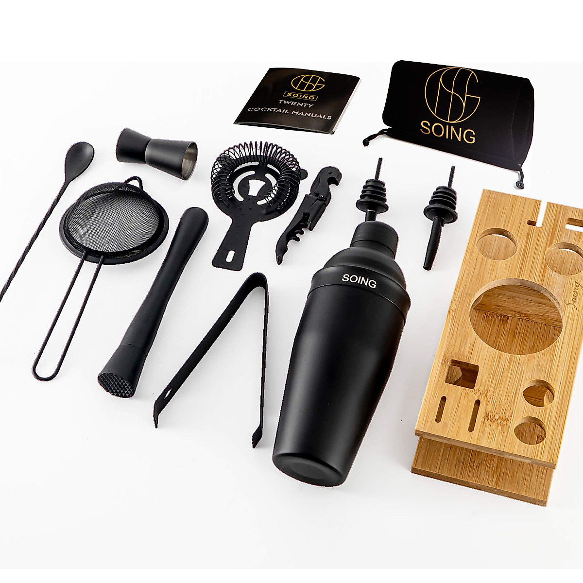Soing 11-Piece Black Bartender Kit,Perfect Home Cocktail Shaker Set for Drink Mixing,Stainless Steel Bar Tools with Stand,Velvet Carry Bag & Cocktail Recipes Cards (Black)