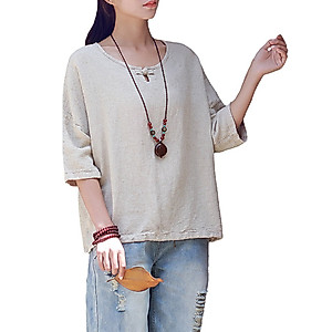 Minibee Women's Elbow Sleeve Linen Tunic Tops Solid Color Retro Blouse Linen L