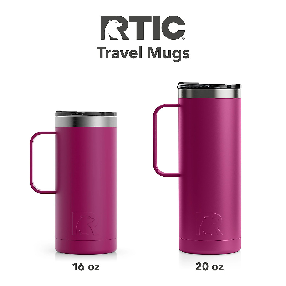 RTIC 16 oz Coffee Travel Mug with Lid and Handle, Stainless Steel Vacuum-Insulated Mugs, Leak, Spill Proof, Hot Beverage and Cold, Portable Thermal Tumbler Cup for Car, Camping, Very Berry