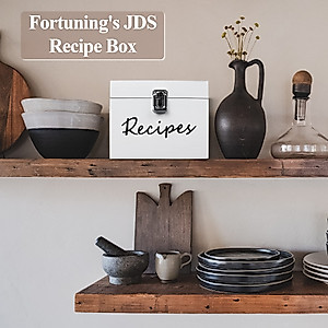 Fortuning's JDS Recipe Box with Cards and Dividers, Pinewood Recipe Organizer with 100 Double Sided 4x6 Recipe Cards, 100 Card Sheet Protectors, 12 Dividers and 2 Label Stickers