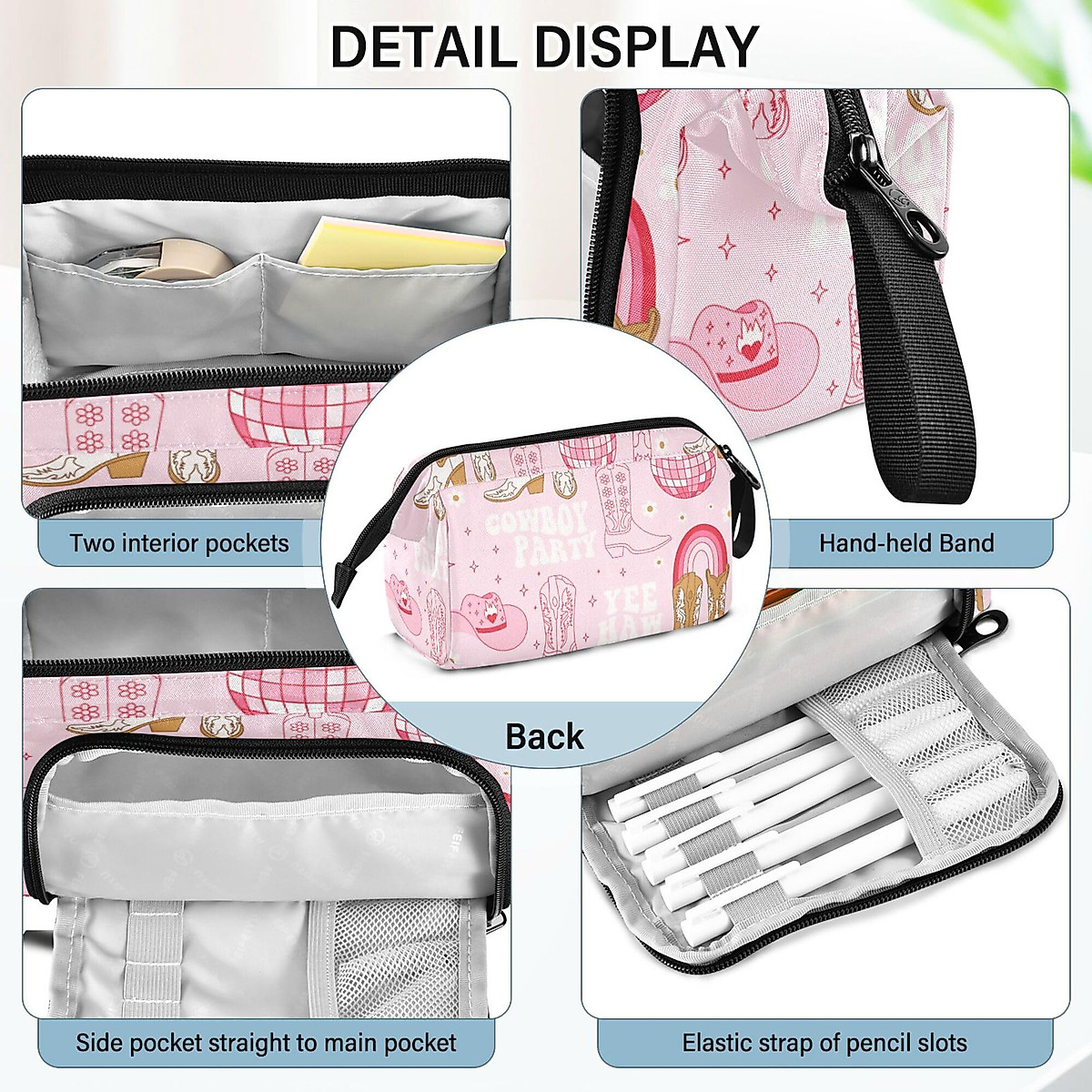 Fisyme Western Cowgirl Boots Pink Pencil Case Large Capacity Pencil Pouch Pen Bags Box Big Makeup Pencil Case Organizer