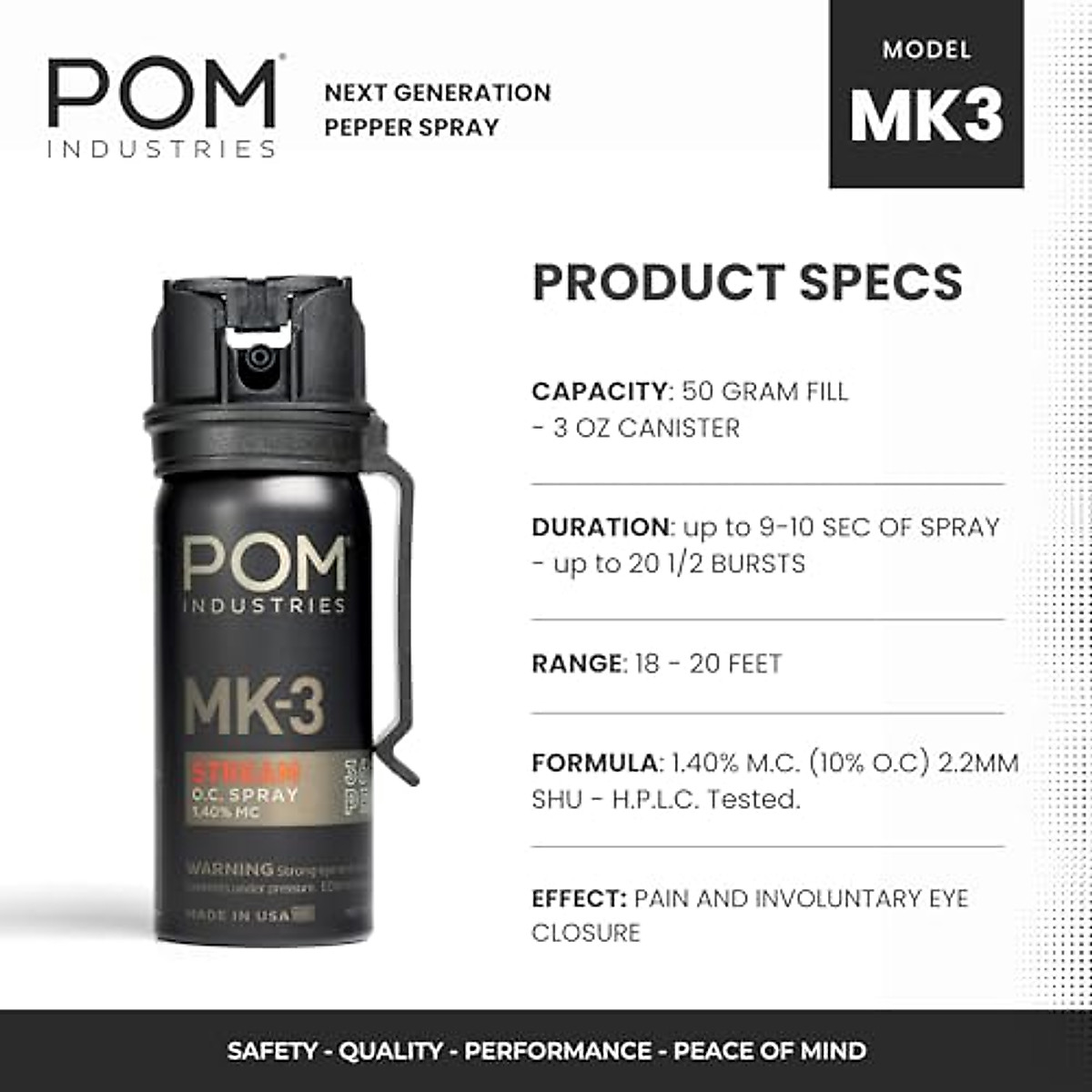 POM MK3 Pepper Spray, Belt Clip Model - Maximum Strength, Flip Top Safety 360° Performance, 18-20-Foot Range, Powerful, Accurate Stream