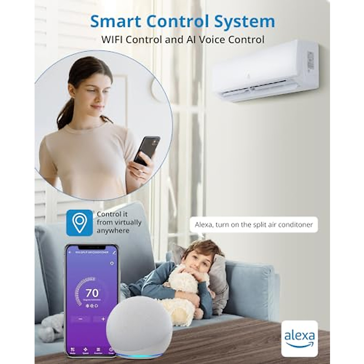 Acekool 19000 BTU Smart Mini Split AC/Heating System 19 SEER Split Inverter Air Conditioner, Cools Rooms up to 1250 Sq. Ft, with Pre-Charged Condenser, Heat Pump & Installation Kit, 208/230V