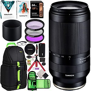 Tamron 70-300mm F/4.5-6.3 Di III RXD Lens A047 for Sony E-Mount Full Frame Mirrorless Bundle with Deco Gear Backpack + Filter Kit + 64GB Card + Software + 2 in 1 Tripod Grip & Accessories