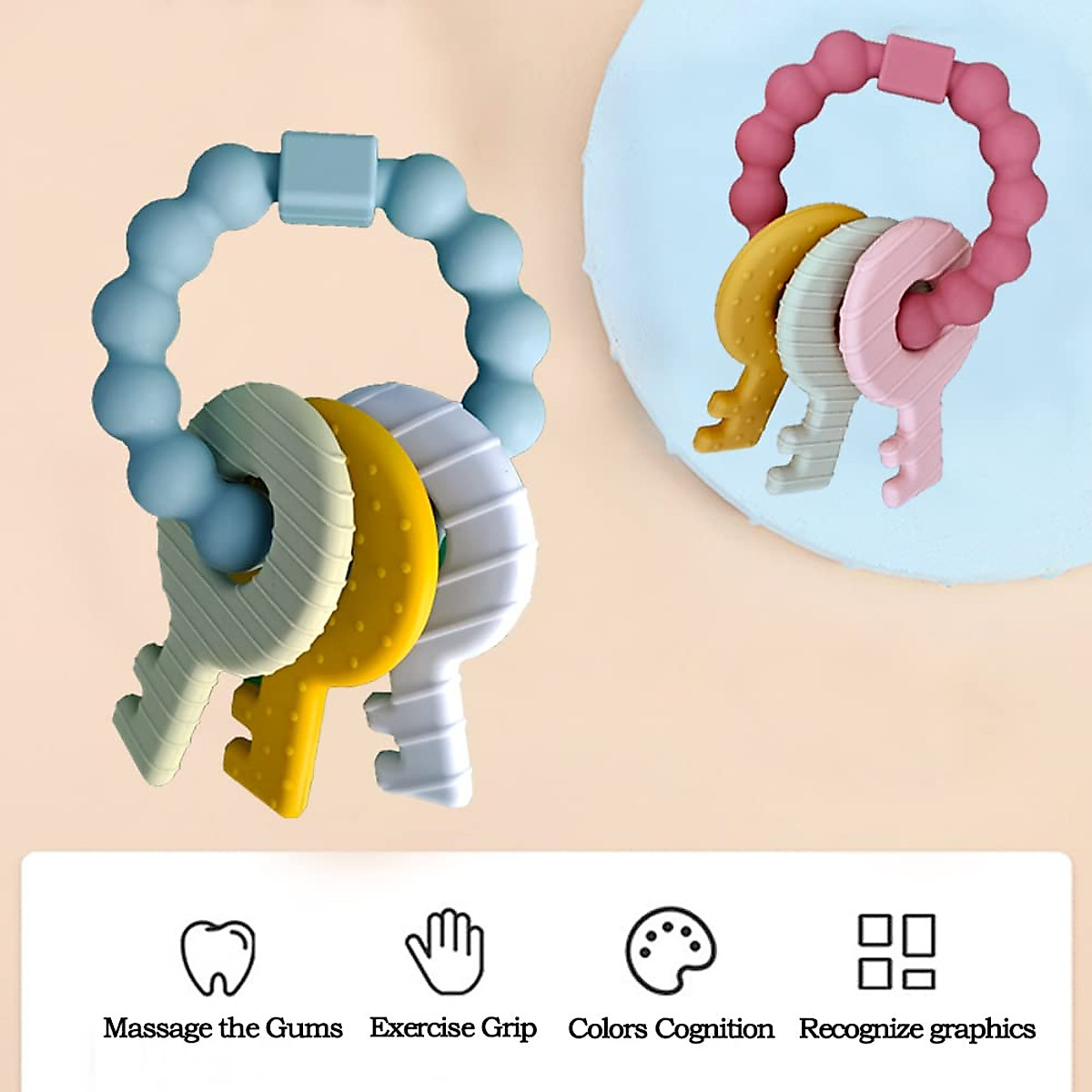 Baby Keys Teether Toys,Silicone Teething Toys for 3+ Months,Teething Keys Toy for Infants-Soft & Raised Texture to Soothe Gums,BPA Free (Deep Blue)