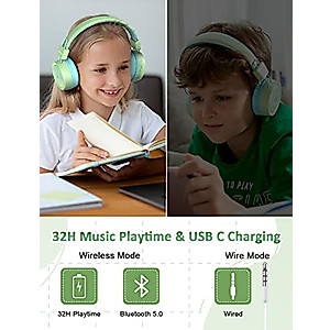 New bee Kids Bluetooth Headphones with Microphone Bluetooth 5.0 Wireless Kids Headphones with 32H Playtime/94dB Volume Limited On Ear Headphones for School/Girls/Boys/iPad/Fire Tablet(Matcha Green)