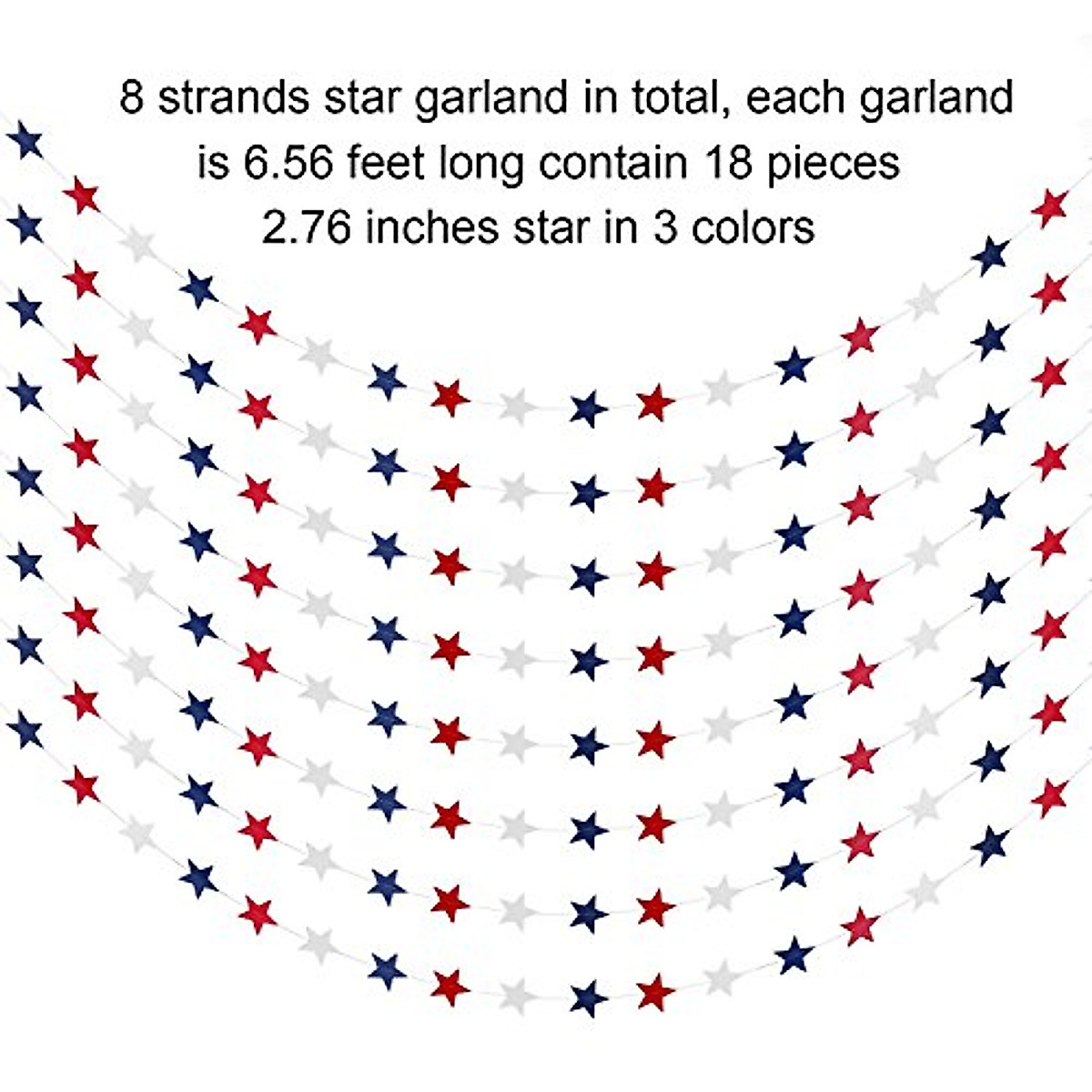 TecUnite 8 Strands Patriotic Star Streamers Banner Garland for 4th of July BBQ, Memorial Day, Veterans Day Party, Independence Day Celebration, Labor Day， Holiday Decorations, Red White Blue