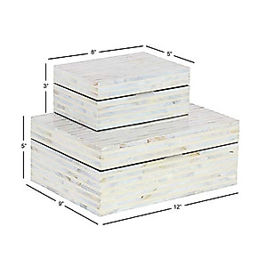 Deco 79 Mother of Pearl Handmade Box with Hinged Lid, Set of 2 12", 8"W, White