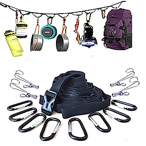 19-Ring Travel Hanger Clothesline,Outdoor Camping Lanyard Hanger Strap,20ft Clothesline with 8pcs Carabiner,4 Hooks,1 Storage Pouch for Travel Hiking Picnic Camper Family RV