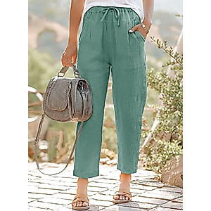 Dokotoo 2023 Fashion Spring Summer Wide Leg Work Linen Pants for Women Ladies Solid High Drawstring Waist Jogging Jogger Beach Pants with Side Pockets Green XL