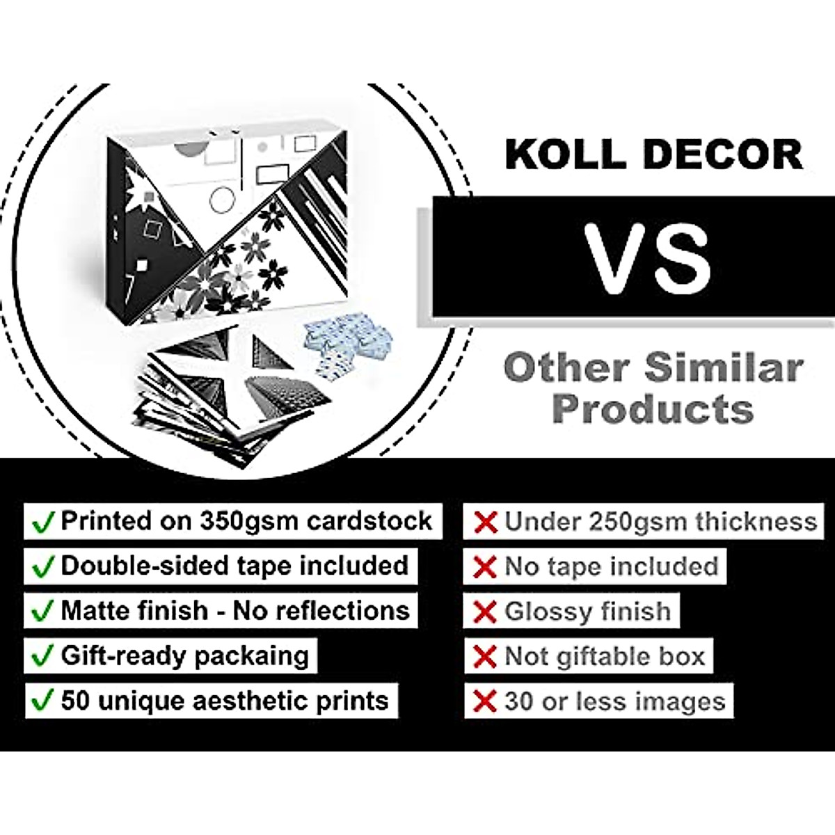 KOLL DECOR Black and White pictures for wall decor - 50 Set 4''x6'' Prints Black and White collage kit Room Collage Decoration Aesthetic Wall Collage Kit for Teen Girls