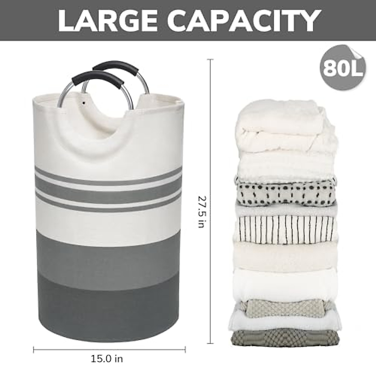 CHICVITA Large Laundry Basket Dirty Clothes Hamper, Collapsible Laundry Baskets for College Dorm, Foldable Dirty Clothes Basket, Canvas Laundry Bag with Handles, 1 Pack, 80L, Grey