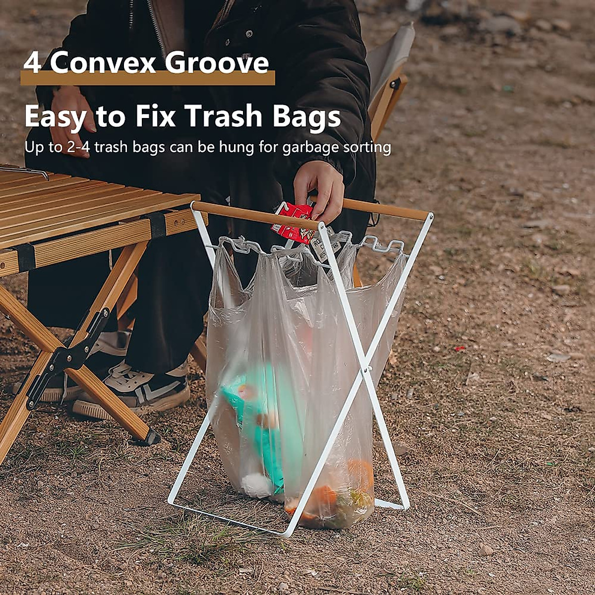 VPTMRP Trash Bag Holder with Wooden Handle Portable Foldable Garbage Bag Stand Stainless Steel Outdoor Garbage Can for Home Yard Kitchen Office Camping Fishing (White)