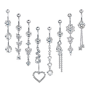 FUNRUN JEWELRY 8PCS 14 G Stainless Steel Dangle Belly Button Ring Navel Piercing Clear CZ Inlay Body Piercing Jewelry Barbell Silver Tone