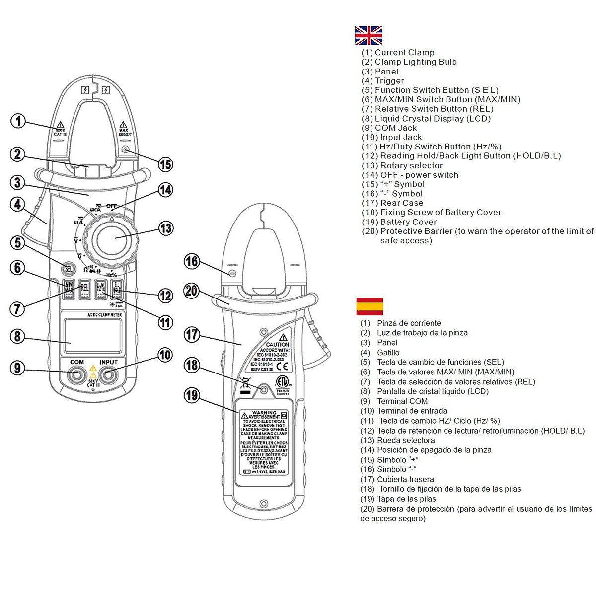 KPS-PA430 Digital Mini Clamp Meter AC/DC Current 400A, AC/CD Voltage 600V, Resistance, Capacity, Duty Cycle 4000 Counts