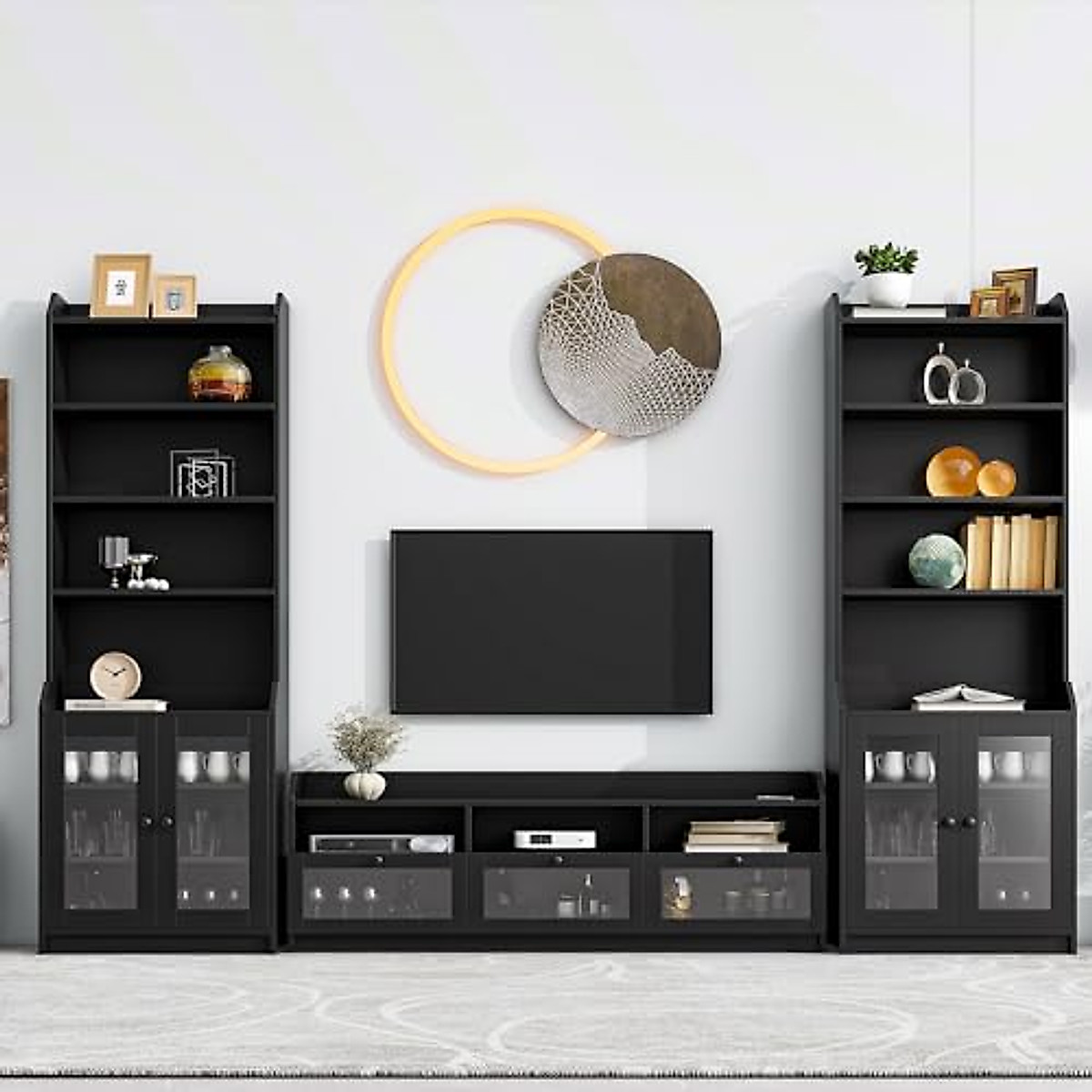 P PURLOVE Entertainment Wall Unit with Tall Cabinets, Modern TV Console Table for TVs Up to 65" with Acrylic Board Door, Multifunctional TV Stand Set for Living Room (Black)