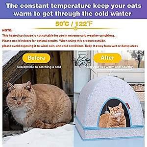 NOCAESON Cat Bed for Indoor Cats, Cat House Year Round with Heating Pad and Fluffy Ball Hanging, Foldable Heated Cat House for Joint-Relief and Hidewawy, 16x16x14 inches, Grey