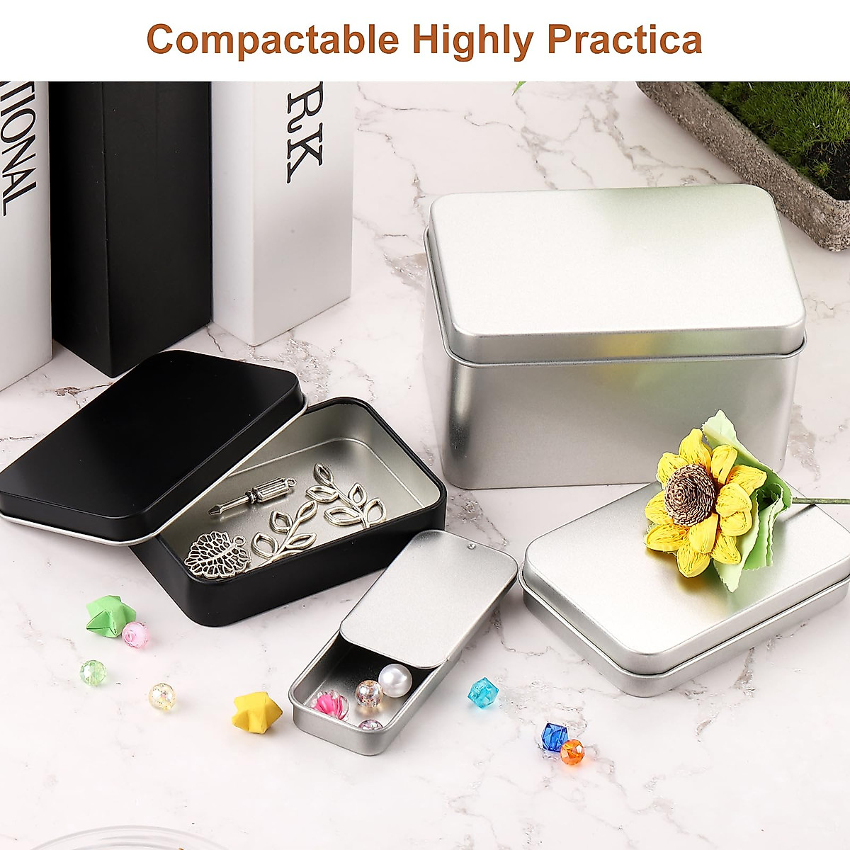 uxcell Metal Tin Box Containers, 8Pcs 3.7x2.4x0.9 Inch Black Rectangular Metal Hinged Tin Box Mini Portable Storage Container Kit with Lid for Home Storage