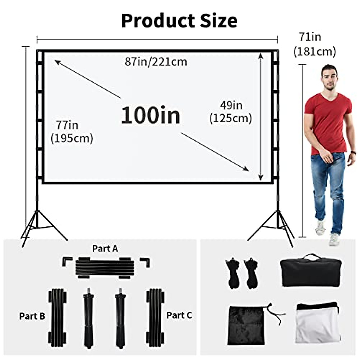 Projector Screen with Stand,Towond 100 inch Portable Projection Screen, Indoor Outdoor Screen 16:9 4K HD Rear Front Movie Screen with Carry Bag Wrinkle-Free Design for Home Theater Backyard Cinema